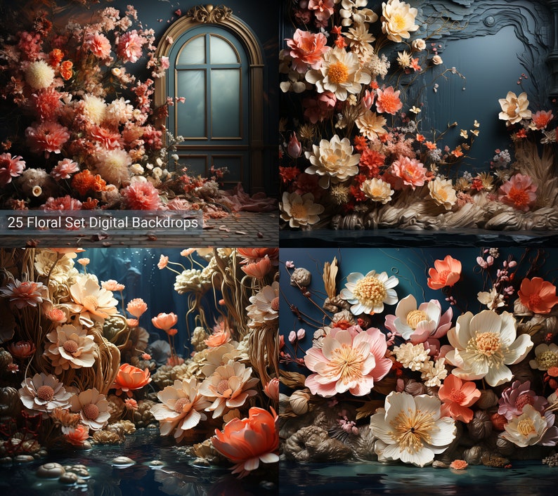 Floral Seas Set Digital Backdrops, Valentine Floral Backdrops ...