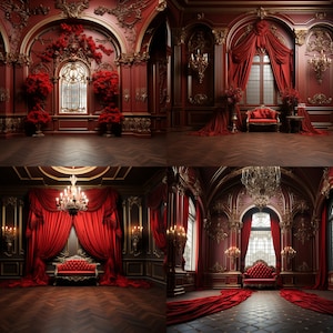 Red Classical Room Digital Backdrop, Maternity Backdrop Overlays Studio ...