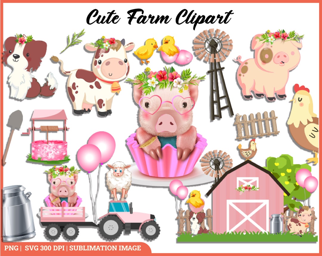 Cute Farm Clipart, Farm Animals Watercolor Digital Clipart, Cute Farm ...