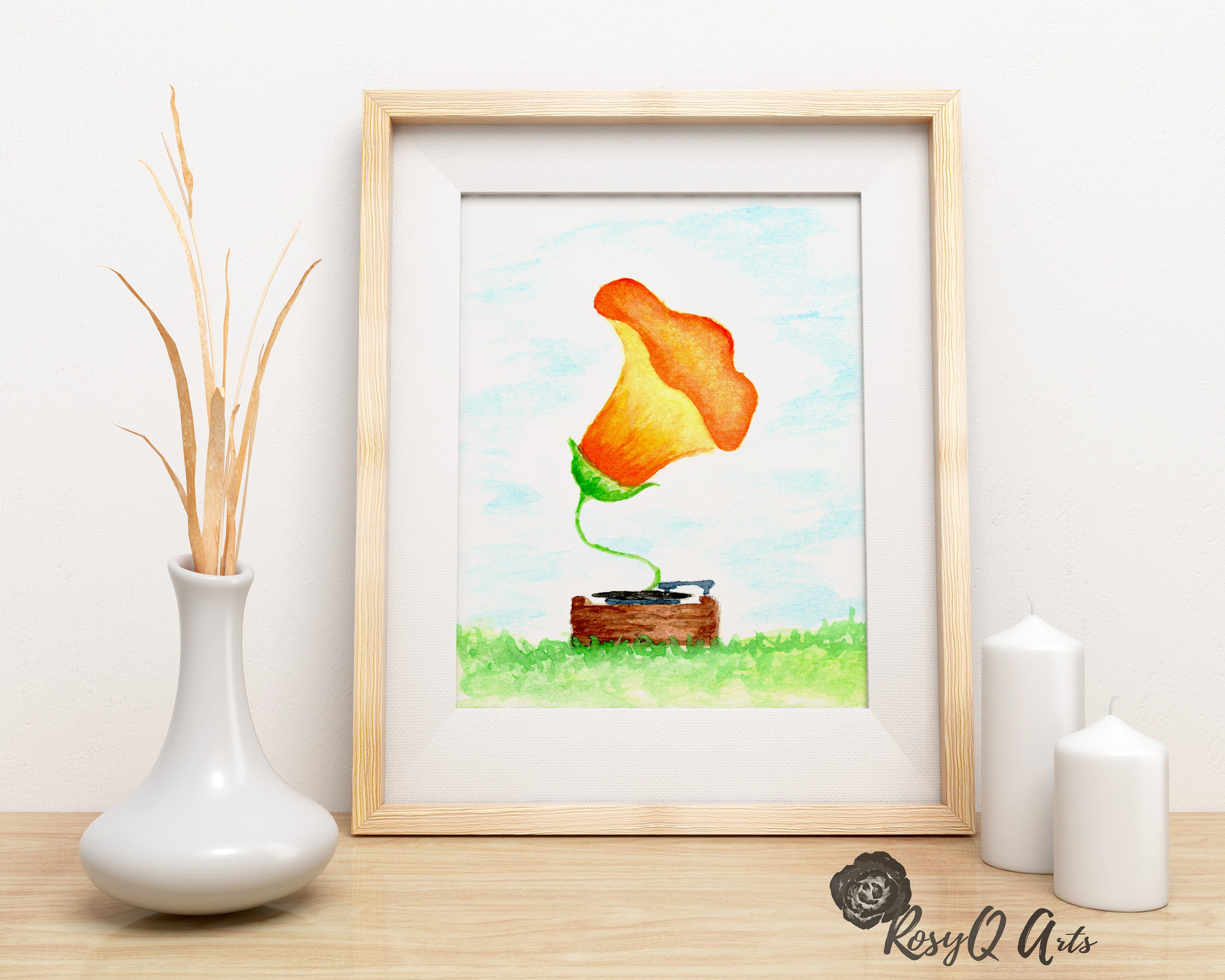 Flower Record Player, Watercolor Art, Art Print, Giclee Print, Home ...