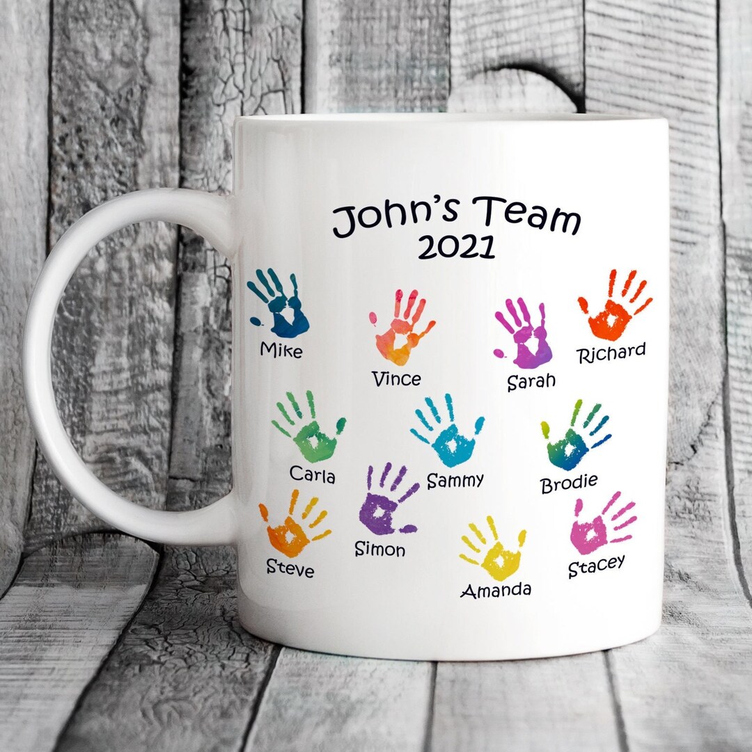 Personalised Work Teams Multi-colour Handprints Mug // Promotion or ...