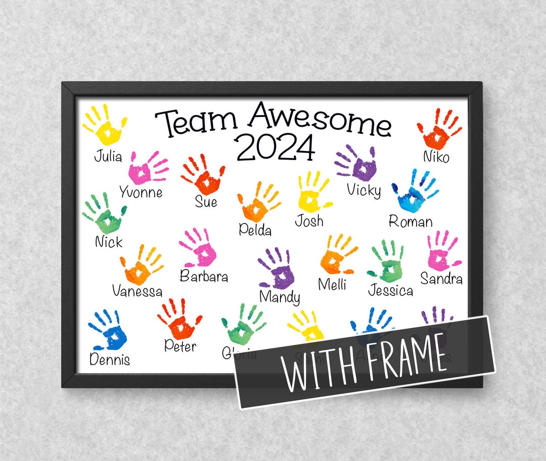 Personalised Work Team Handprints Wall Print With Wooden Frame Leaving ...