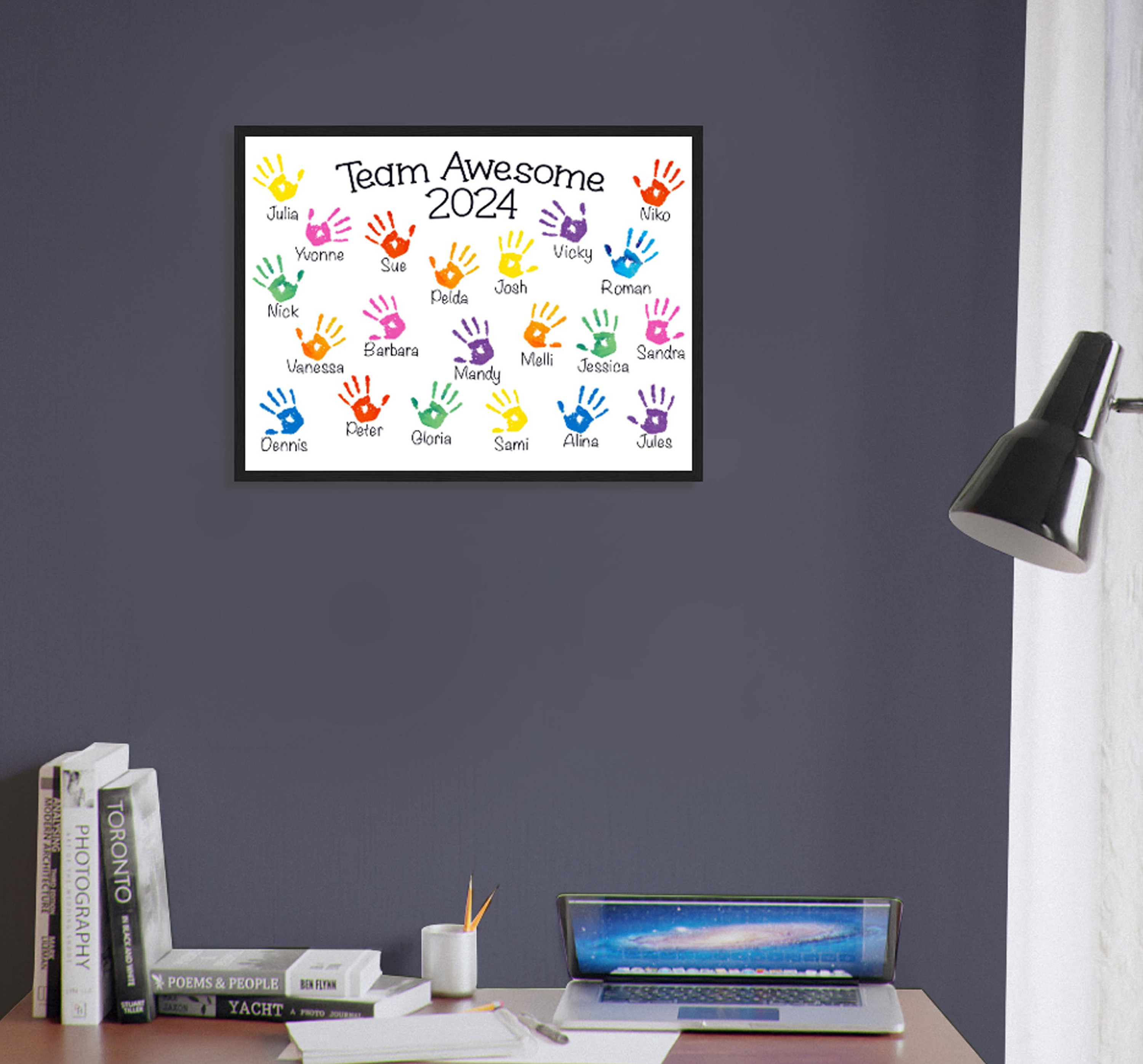 Personalised Work Team Handprints Wall Print With Wooden Frame Leaving ...