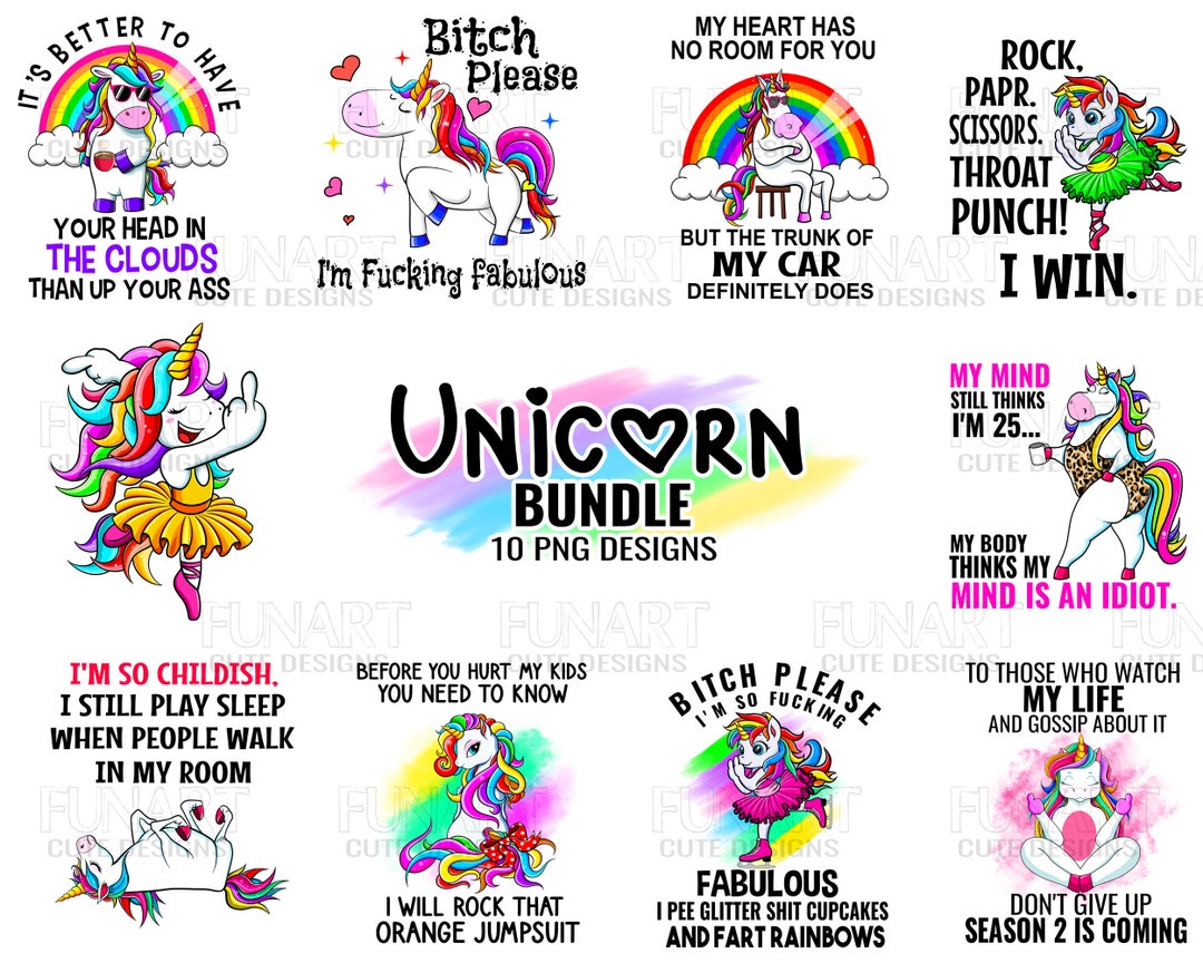 Unicorn Bundle 10 Funny Unicorn DESIGNS -digital Image Png Instant ...