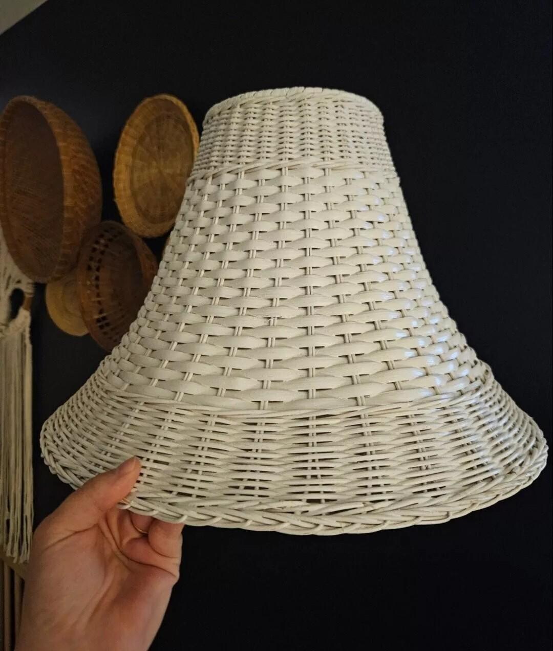 Set of Two (2) Vintage Large Bell Shaped White Wicker Lamp Shade Cloth ...