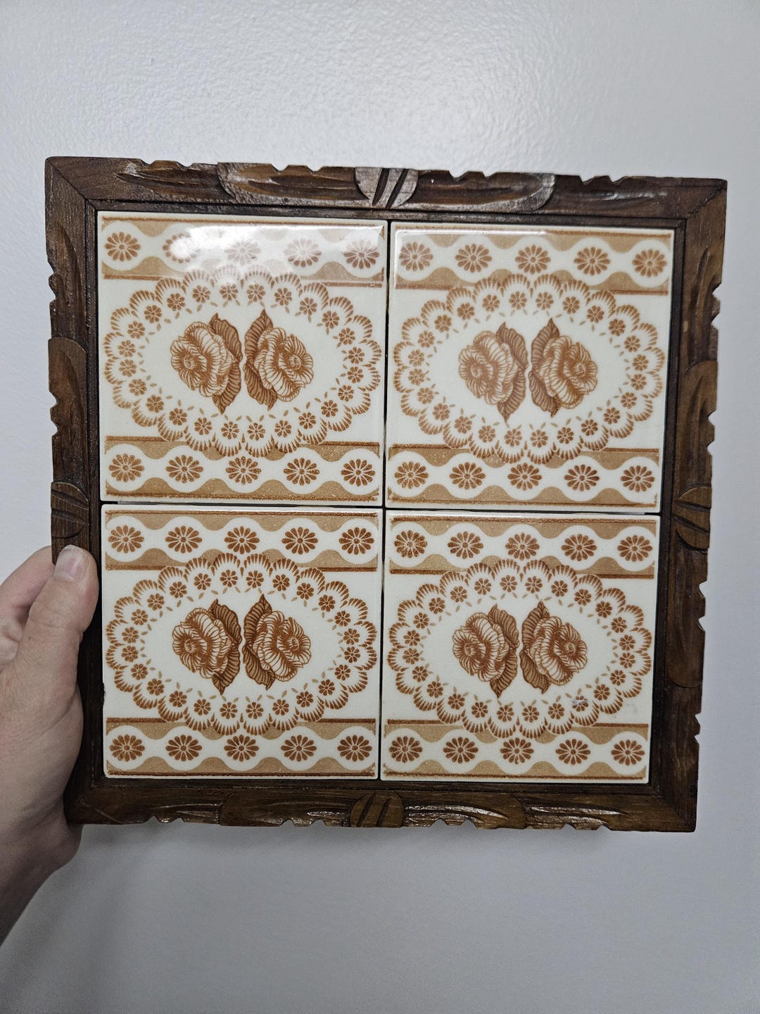 Vintage Tile Trivet, Floral Ceramic Tiles in Carved Wood Frame, Kitchen ...