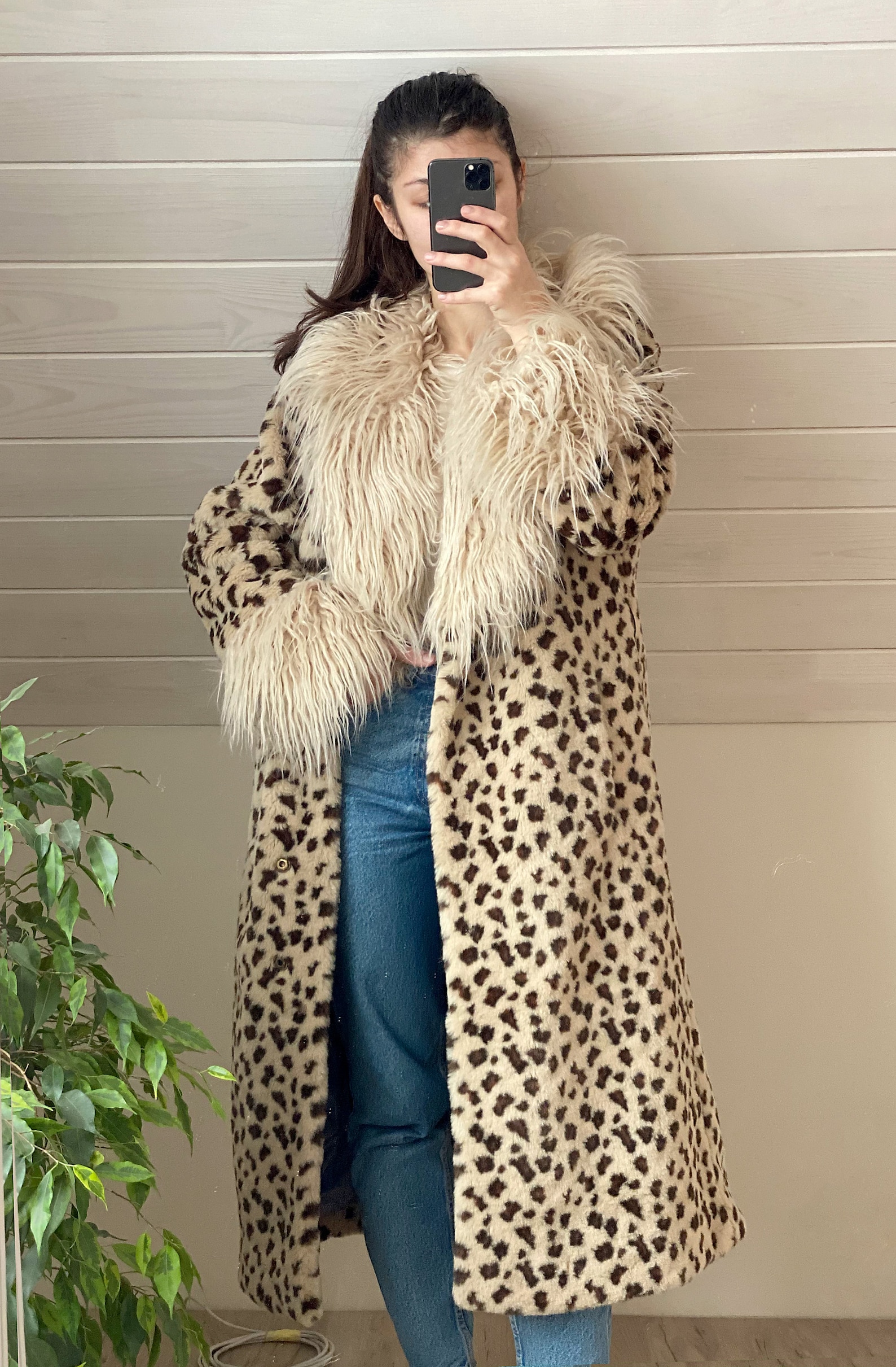 Leopard Print Faux Fur Coat, Animal Print Full Length Fake Fur Coat for ...