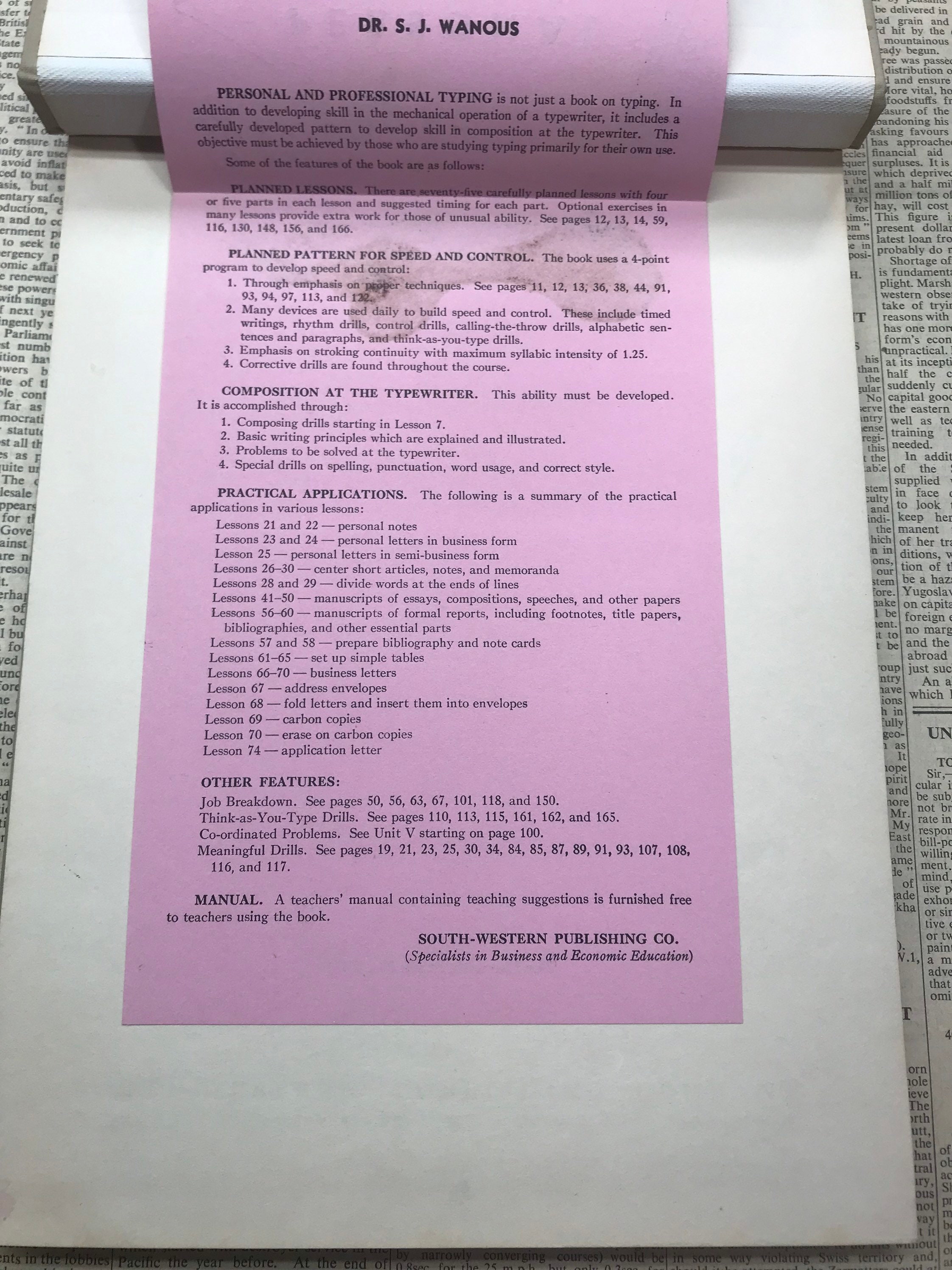 Personal and Professional Typing by S.J. Wanous 1952 - Etsy