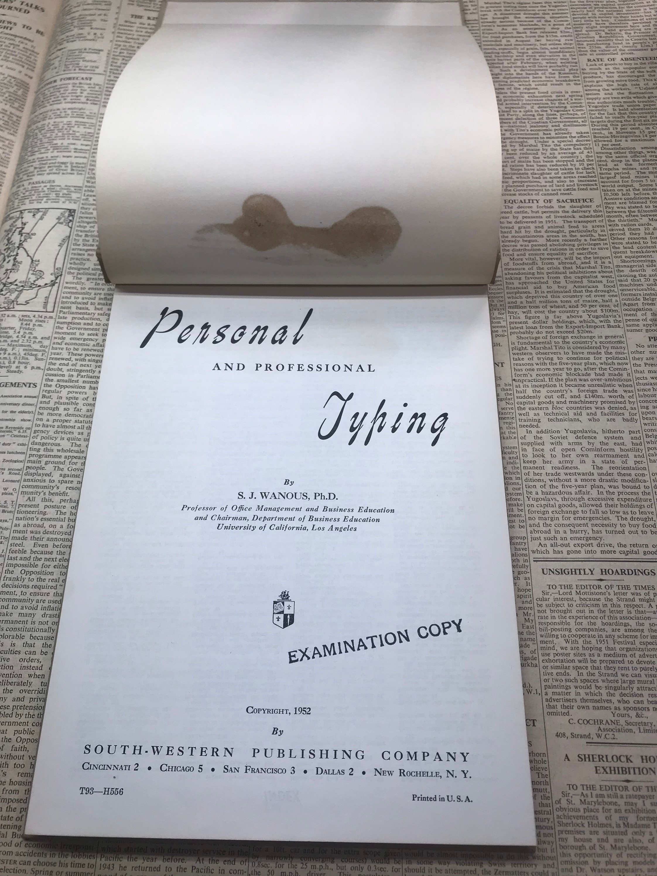 Personal and Professional Typing by S.J. Wanous 1952 - Etsy