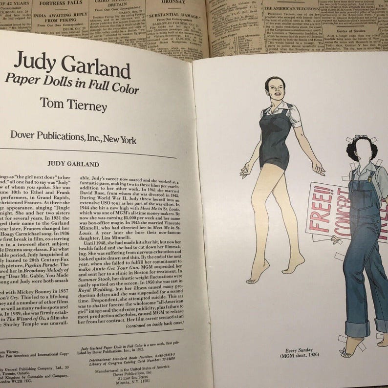 Paper Dolls Uncut Judy Garland Tom Tierney Dover 1982 - Etsy