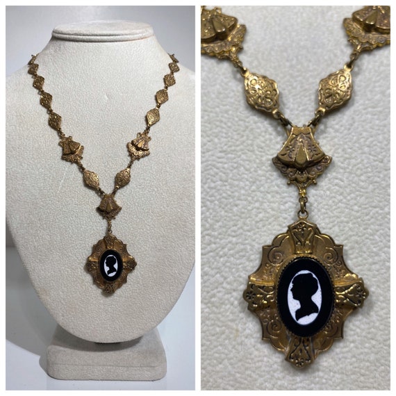 Antique Victorian Era Vermeil Medallion Chain Glass C… - Gem