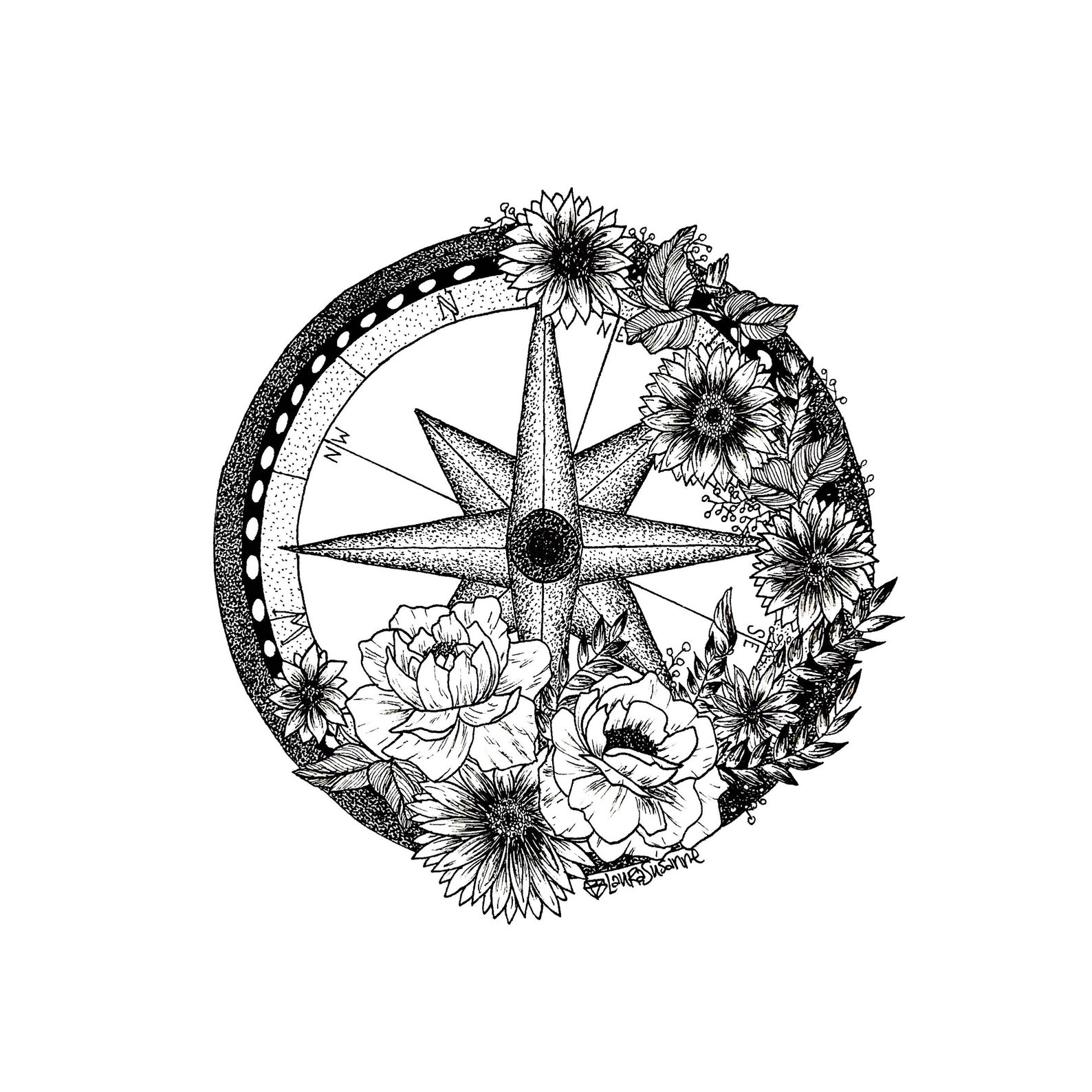 Floral Compass Art Print | Etsy