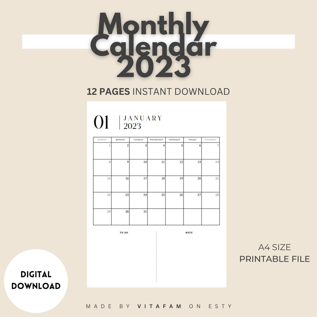 2023 Monthly Calendar Vertical, Printable Calendar Template, Minimalist ...