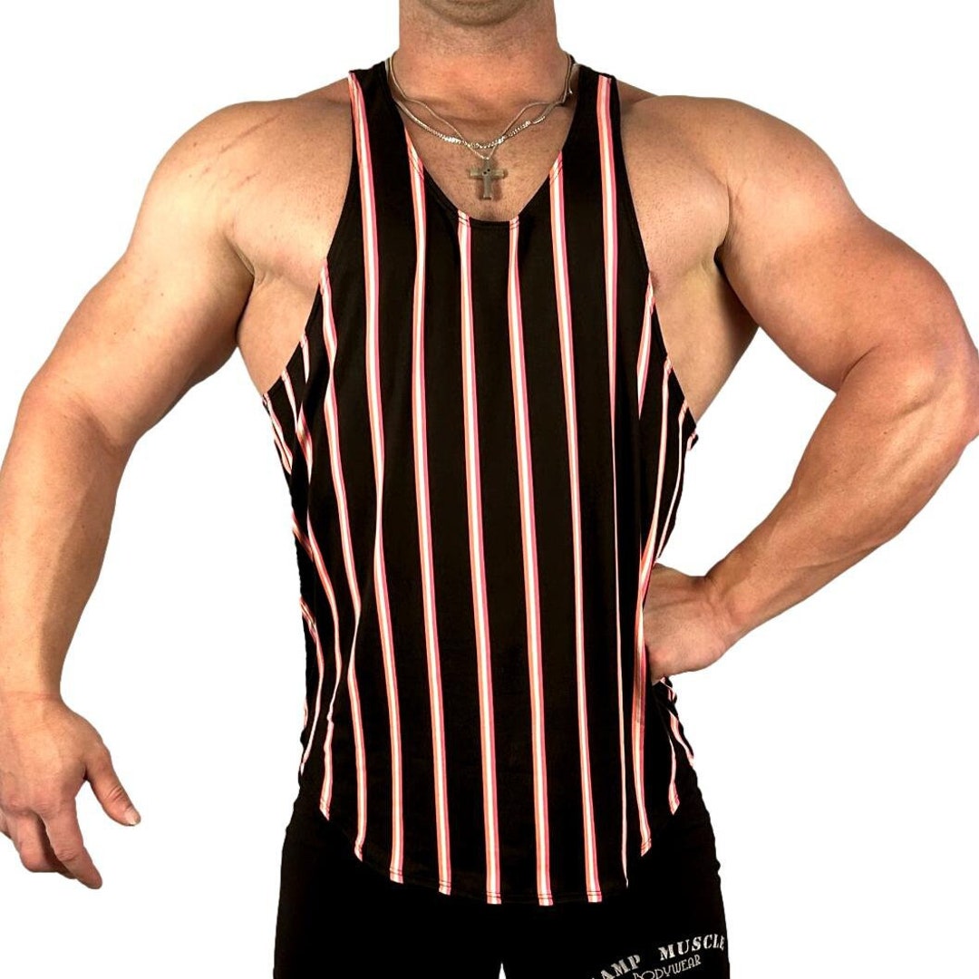 Men's Neon Stripe Curved Bottom Tank Stringer Activewear Exercise ...