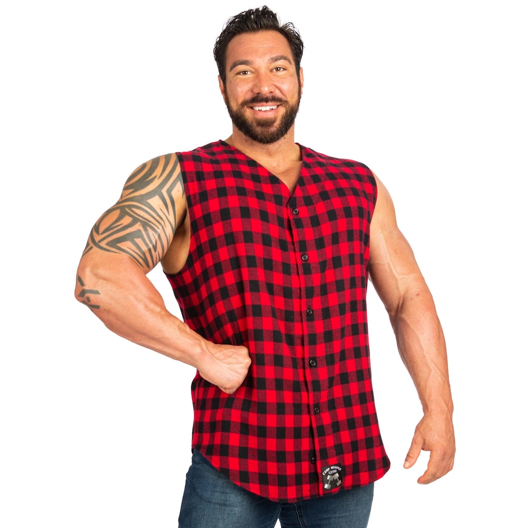 Mens Plaid Tapered Sleeveless Flannel Bodybuilding Baseball Exercise ...