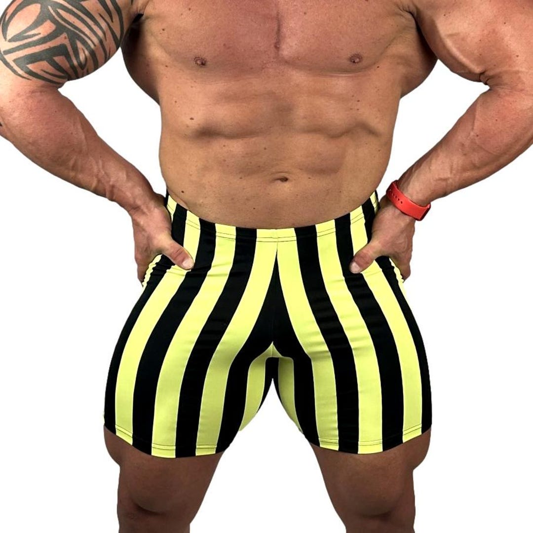 Mens Retro Stripe Spandex Bodybuilding Gym Shorts - Black/neon Yellow ...