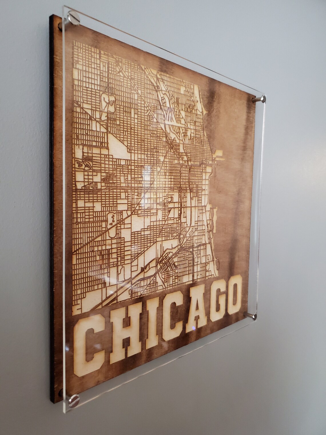 Chicago Map 3D Engraved Wall Decor - Wood Engraved Map of Chicago With ...