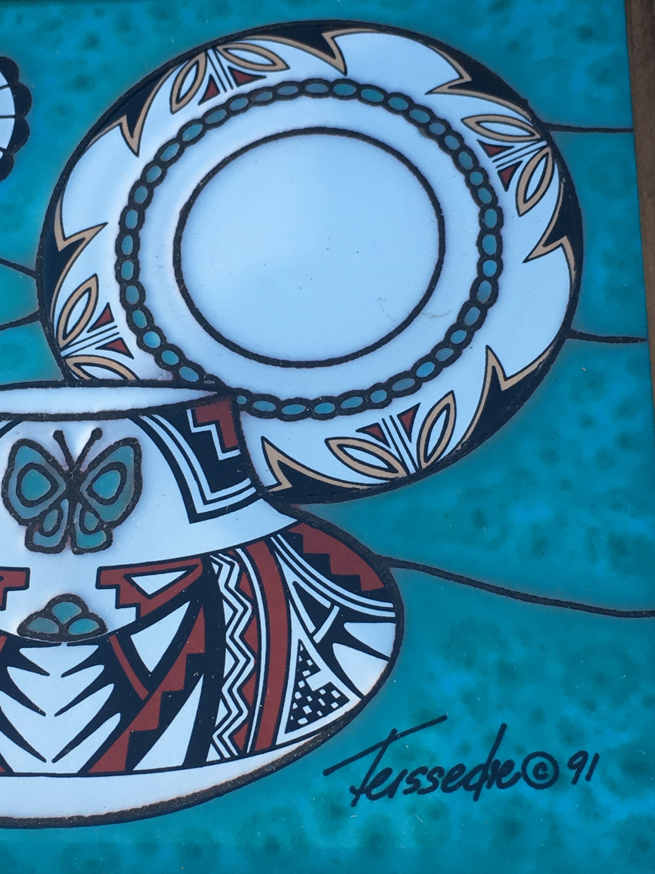 Clay Trivet Tile 6"x6" Pueblo Turquoise Blue Sun, Olla Pot Vintage ...