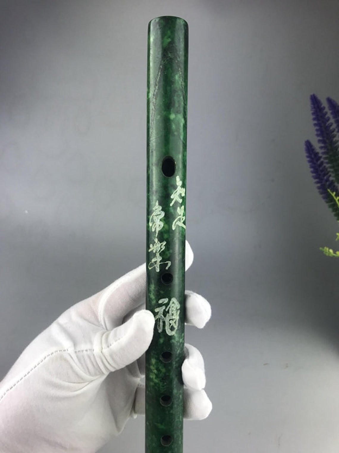 Solid Stone Flute Green Colored Non-playing With Mantra Orignal Asia 14 ...