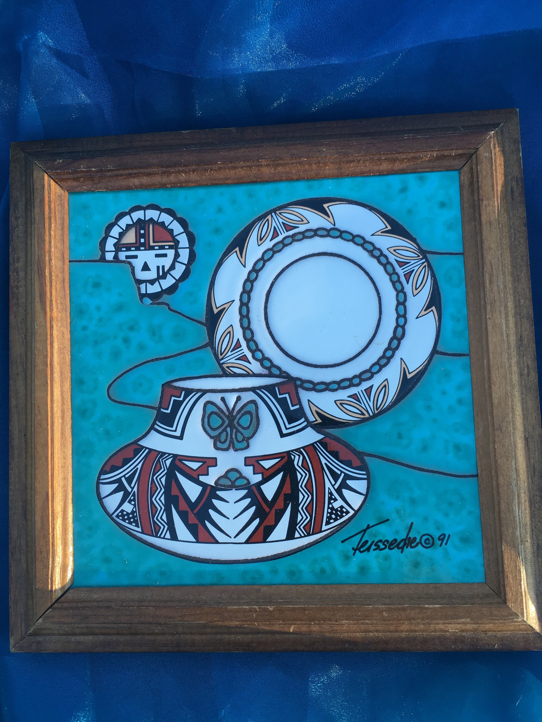 Clay Trivet Tile 6"x6" Pueblo Turquoise Blue Sun, Olla Pot Vintage ...