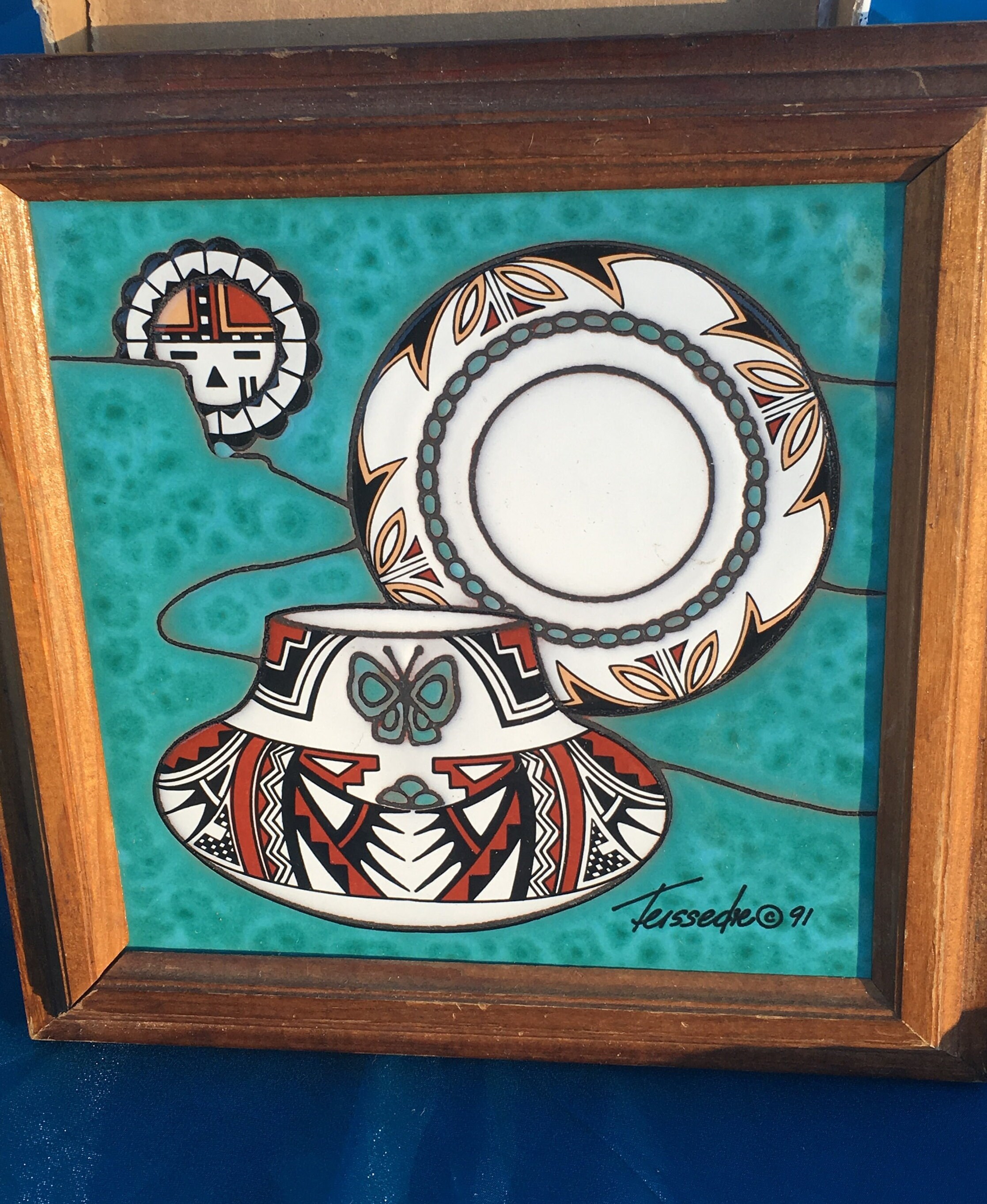Clay Trivet Tile 6"x6" Pueblo Turquoise Blue Sun, Olla Pot Vintage ...