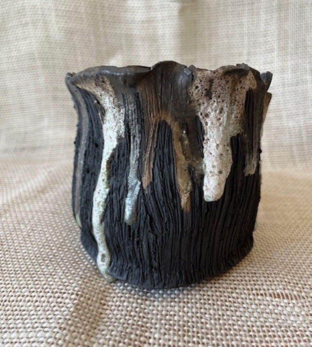 Rustic Handmade Obsidian Black Grooved Pot With Glaze Drips for Cactus ...