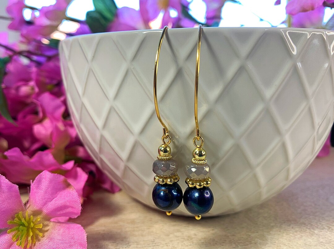 Aretes de perlas azules y cuarzo ahumado - Etsy España