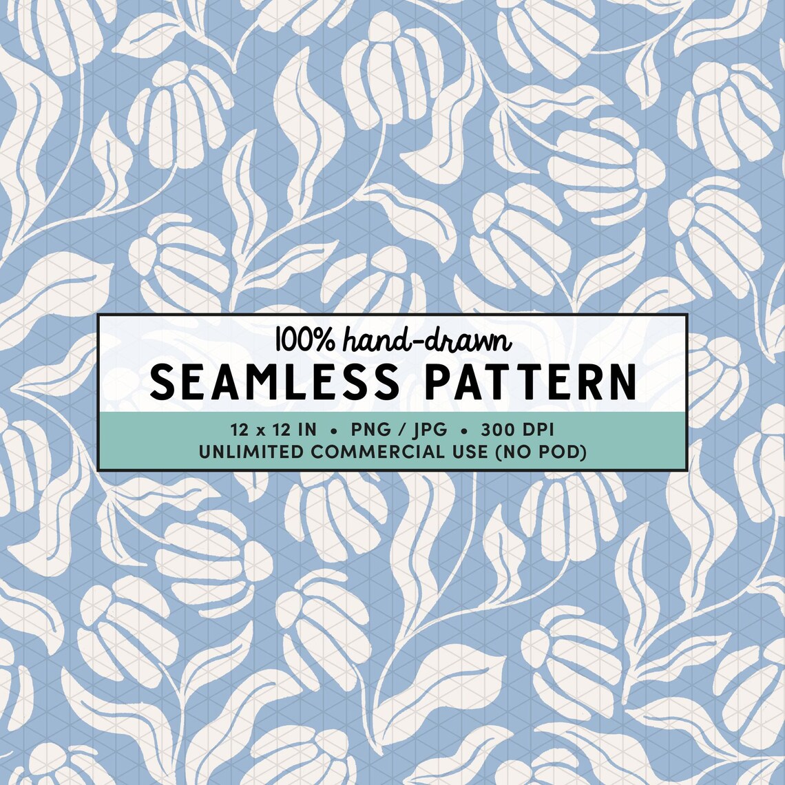 Pale Blue Floral Seamless Pattern, Boho Floral Repeat, Hand Drawn Daisy ...