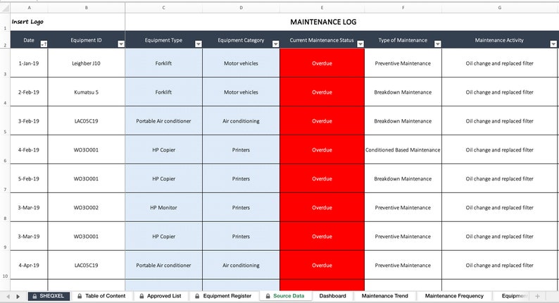 Equipment Maintenance Tracker | Health and Safety Template | Excel ...