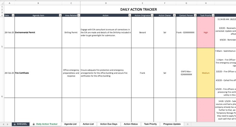 Daily Action Tracker Health and Safety Template Excel Template - Etsy UK