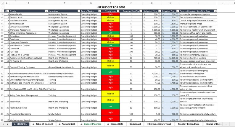 HSE Budgeting Tool | Health and Safety Dashboard | Excel Template - Etsy