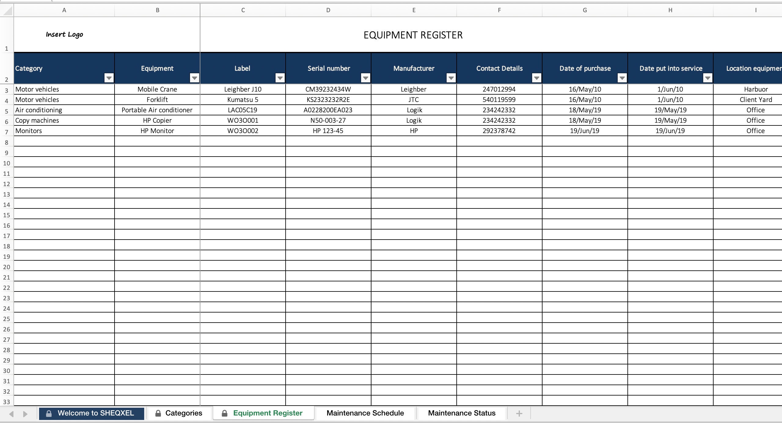Equipment Register Health And Safety Template Excel Etsy Singapore