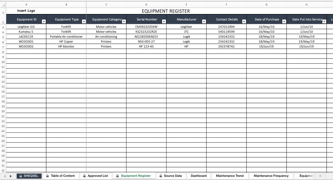 Equipment Maintenance Tracker | Health and Safety Template | Excel ...