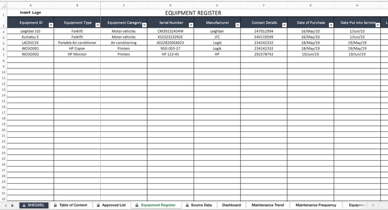 Equipment Maintenance Tracker | Health and Safety Template | Excel ...
