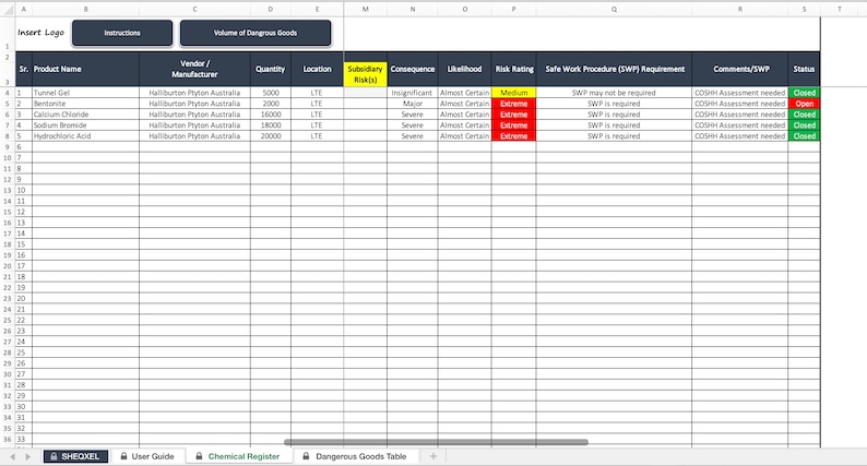 Chemical Register | Health and Safety Template | Chemtool | Excel ...