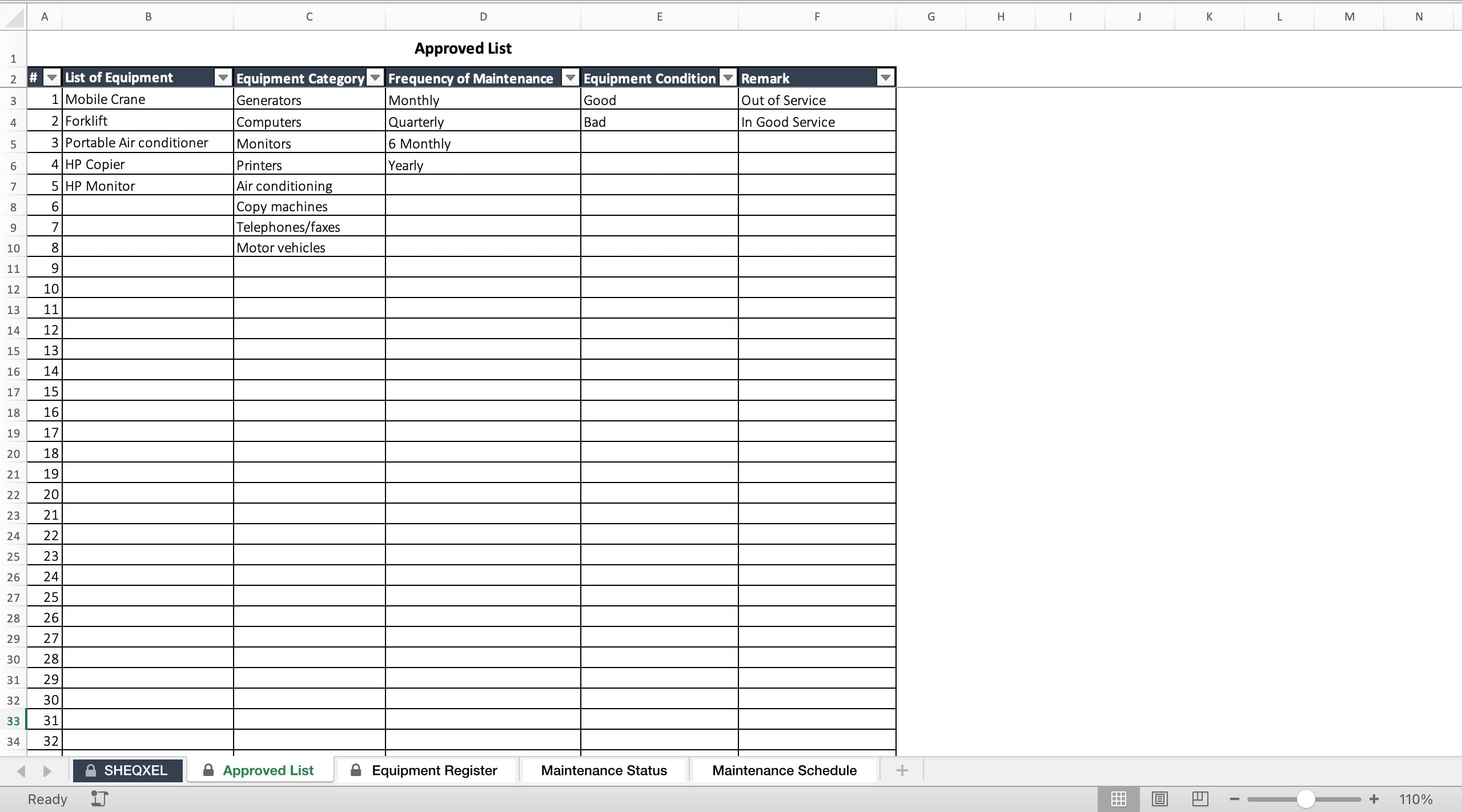 Equipment Register | Health and Safety Template | Excel Template - Etsy ...