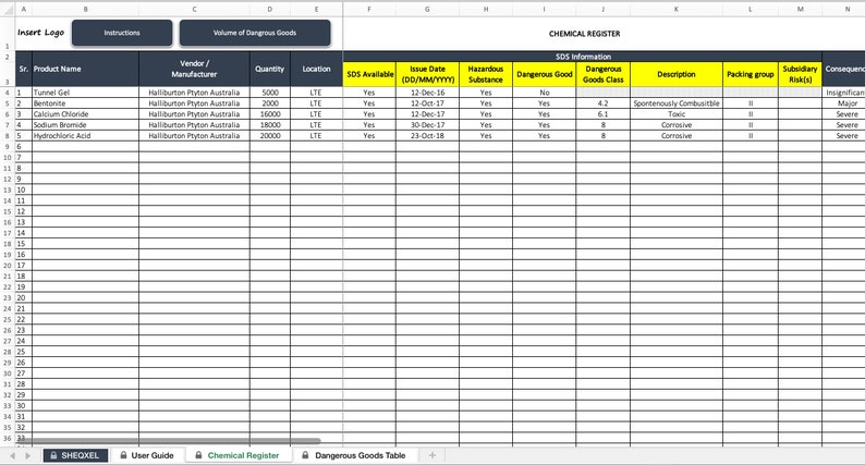 Chemical Register | Health and Safety Template | Chemtool | Excel ...