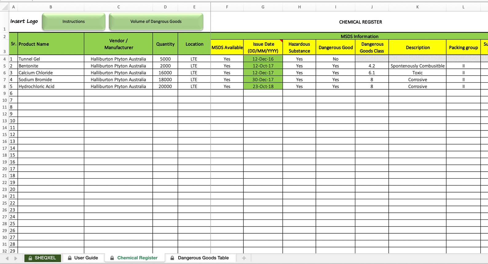 Chemical Register Health and Safety Template Chemtool | Etsy