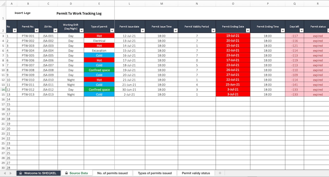 Permit to Work Tracking Log | Health and Safety Template | Excel ...