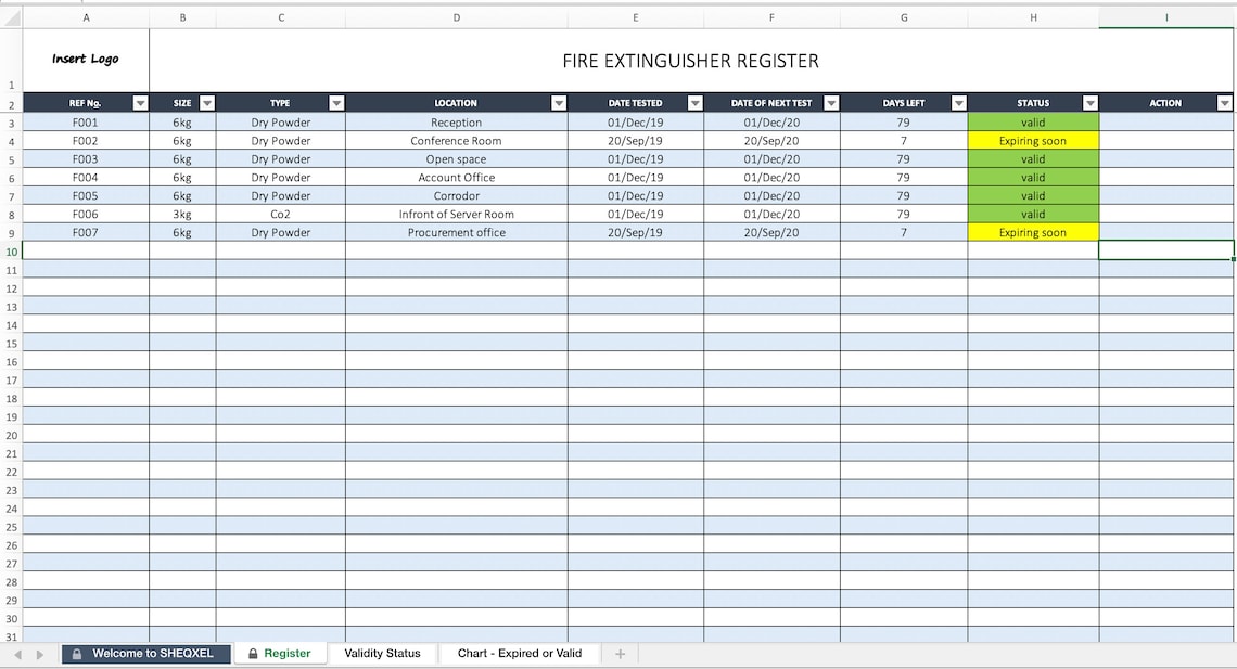 Fire Extinguisher Register Health and Safety Template | Etsy