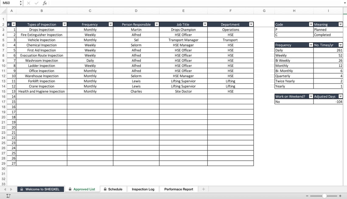 Workplace Inspection Schedule | Health and Safety Template | Excel ... Workplace Inspection Schedule | Health and Safety Template | Excel ...