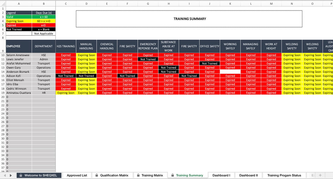 Training Matrix Dashboard Template Health and Safety - Etsy