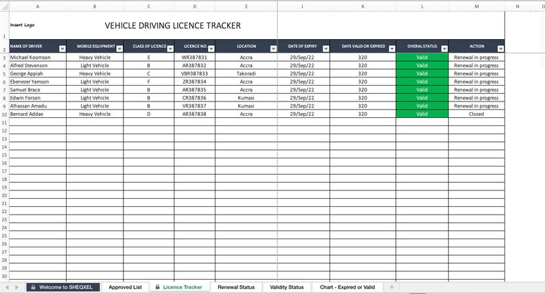 Vehicle Driving License Tracker | Health and Safety Dashboard | Excel ...
