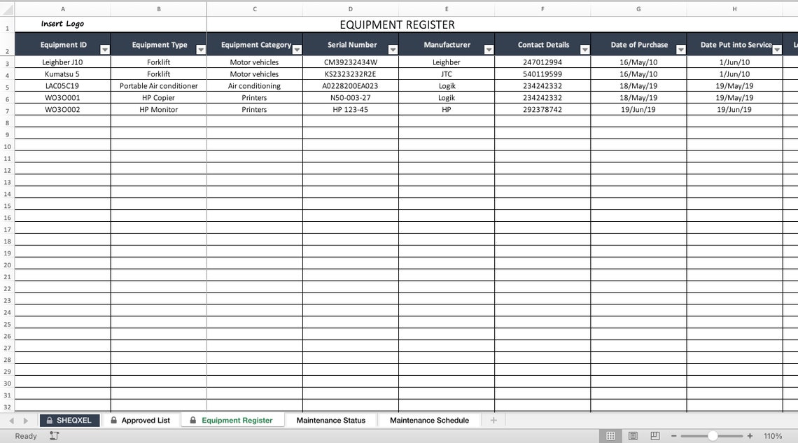 Equipment Register | Health and Safety Template | Excel Template - Etsy