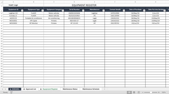 Equipment Register Health and Safety Template Excel - Etsy Canada