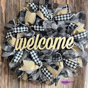Welcome Deco Mesh Wreath Farmhouse Welcome Wreath Front Door Wreath ...