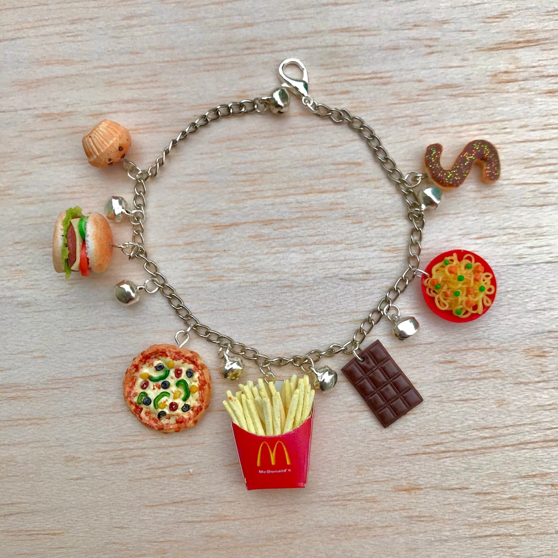 Miniature Food Charm Bracelet, Handmade Food Jewelry With Burger, Pizza ...