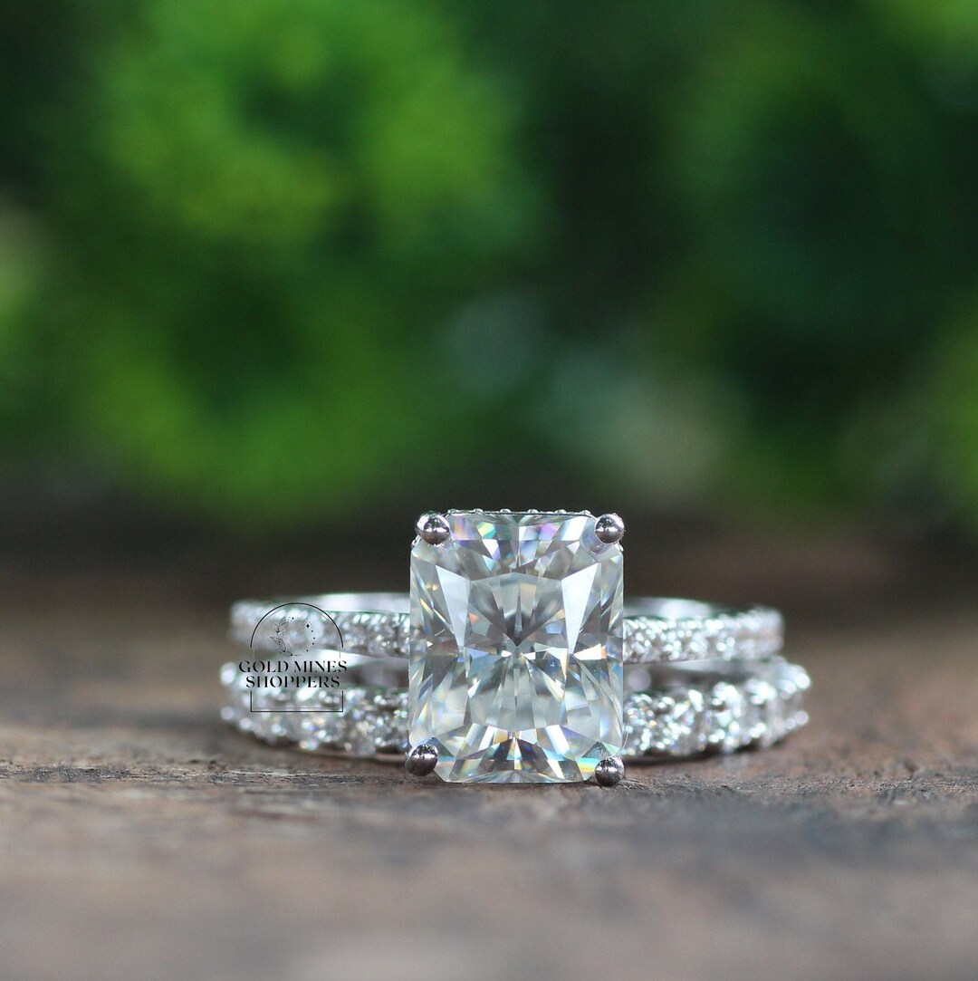 2.5 CT Radiant Cut Moissanite Engagement Ring Set, Diamond Hidden Halo Wedding Ring Set, Pave ...