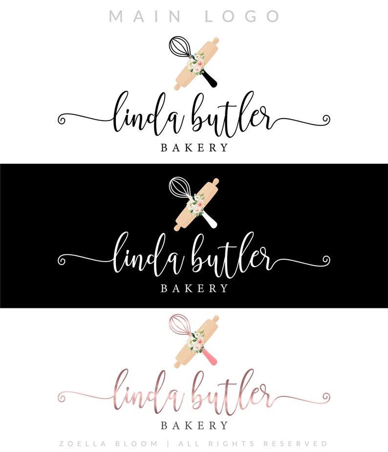 Bakery Logo, Rose Gold Premade Package, Floral Logo, Calligraphy, Cute ...