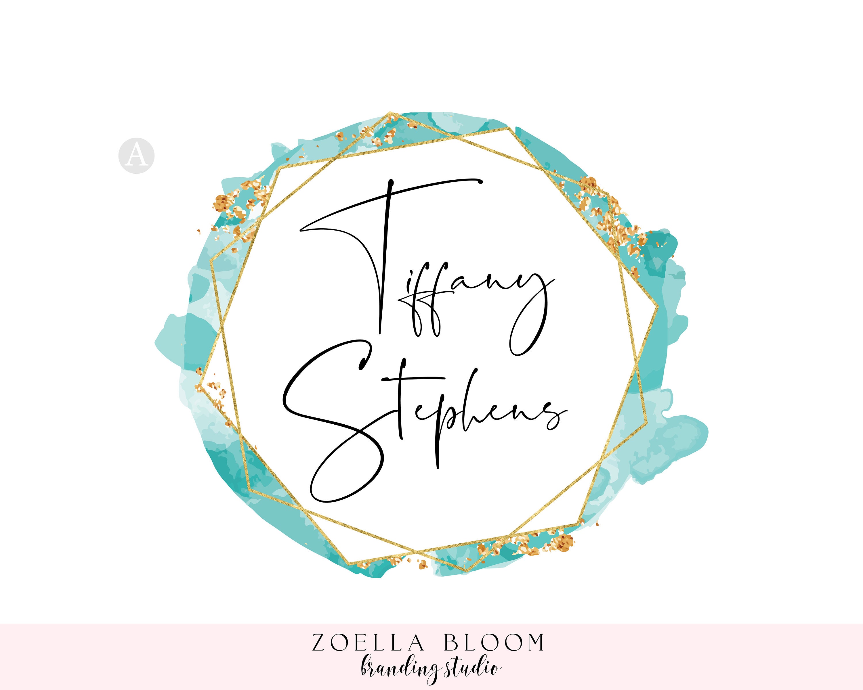 Turquoise Watercolor Gold Frame Logo Design, Splash Logo, Hexagon Round ...